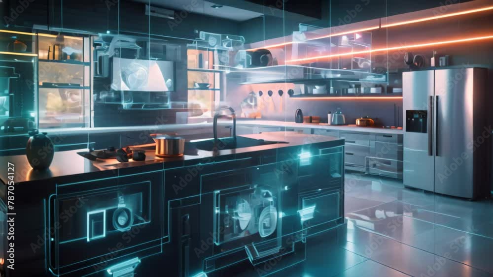 3d rendering of a modern kitchen in a dark room with technology, A ...