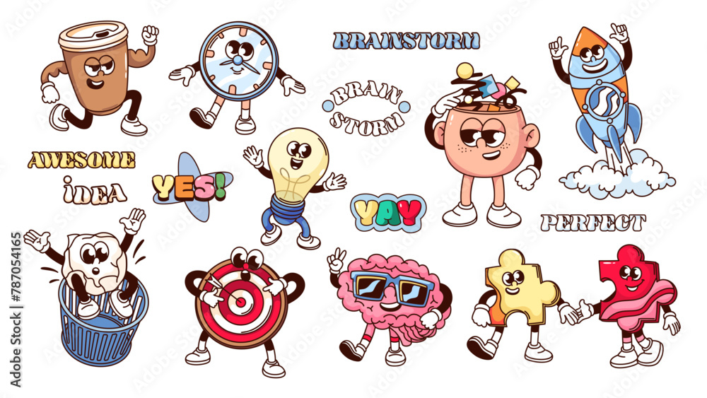 Groovy cartoon characters and stickers set for brainstorm. Funny retro ...