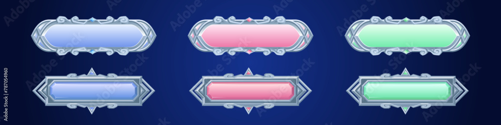 Game button with silver ornate frame. Cartoon vector illustration set ...