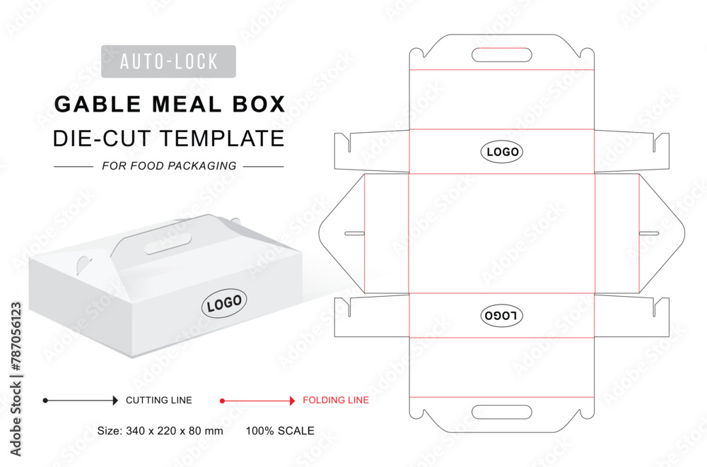 Gable meal box die cut template with handle and 3D blank vector mockup ...