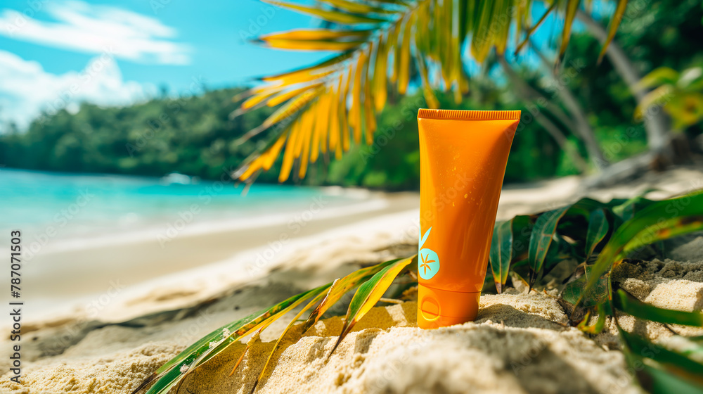 Tube of sunscreen for skin protection on tropical beach with fine sand ...