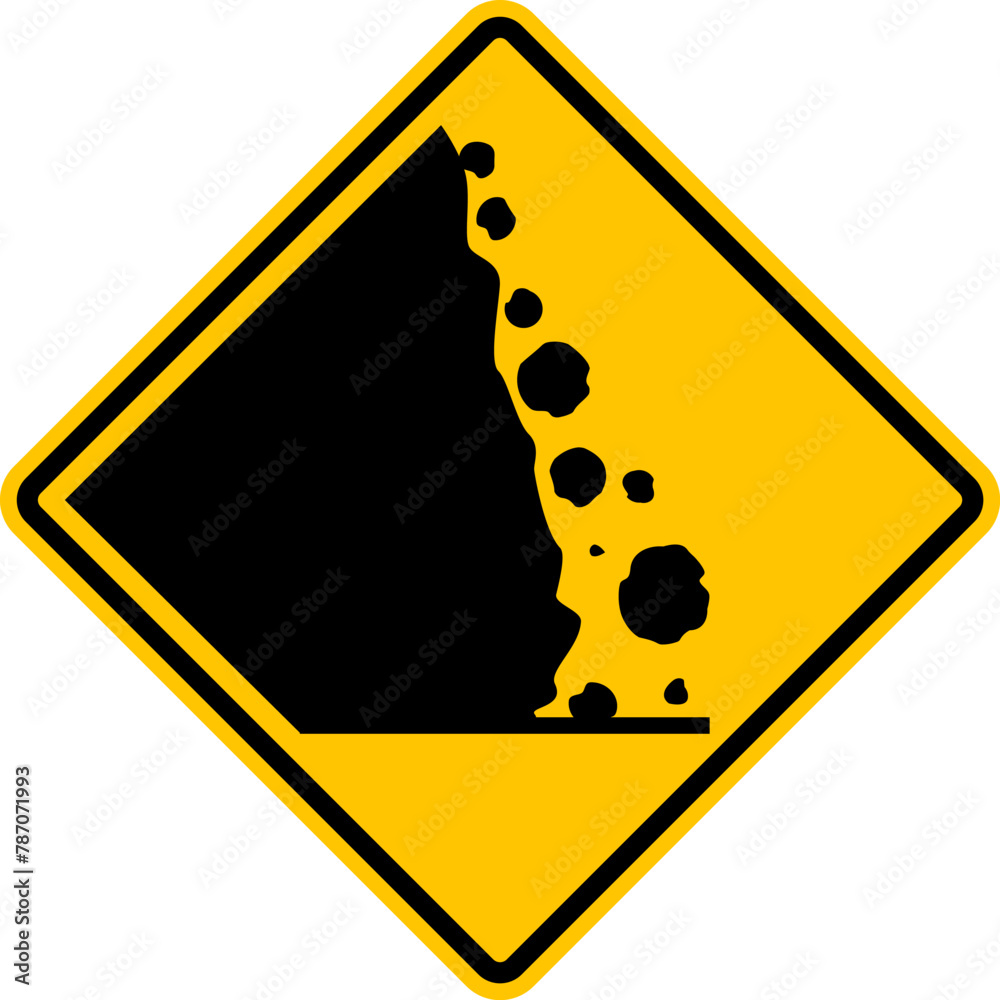 Sign of falling stones. Warning road sign, falling stones. Yellow ...