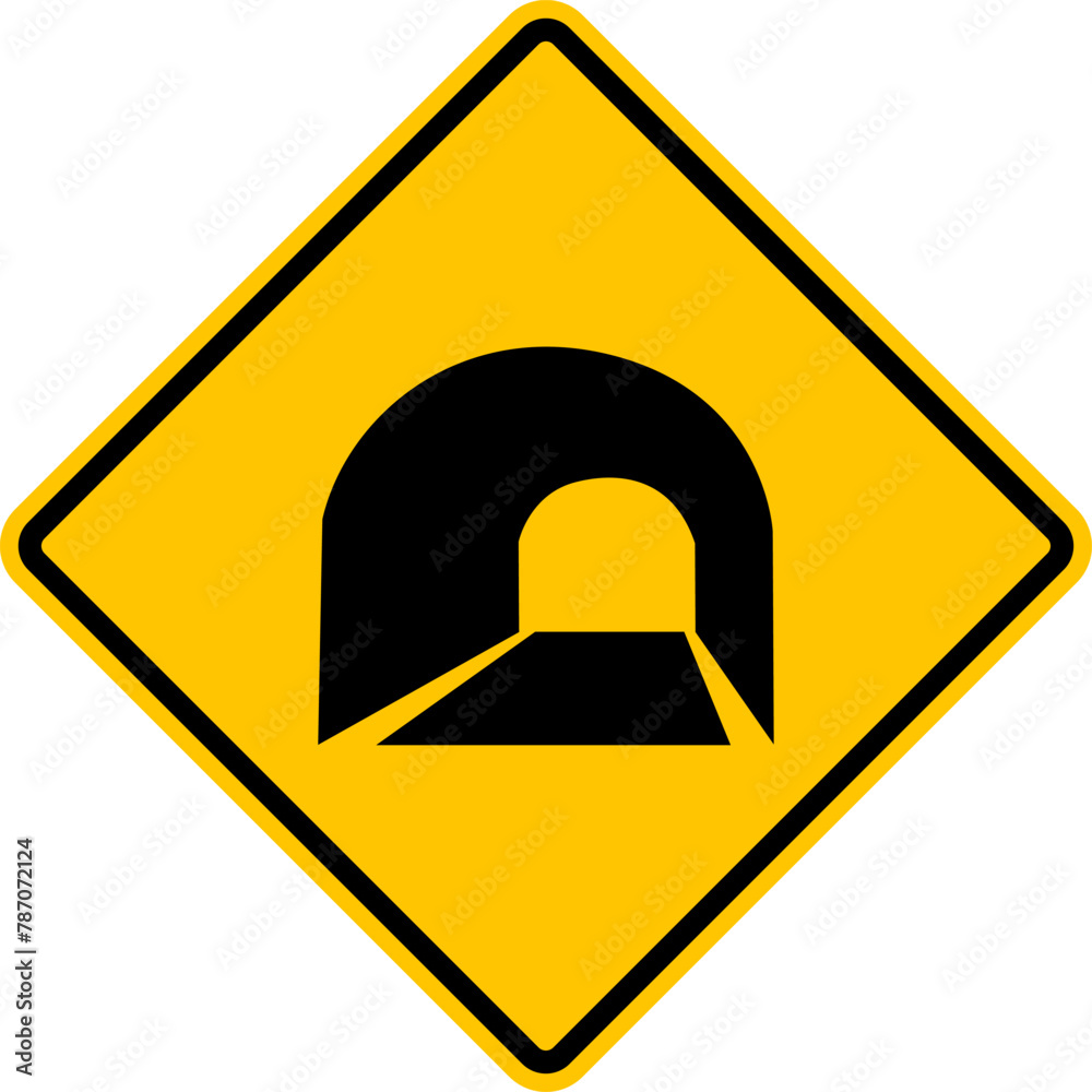 Tunnel sign. Yellow diamond shaped warning road sign. Diamond road sign ...