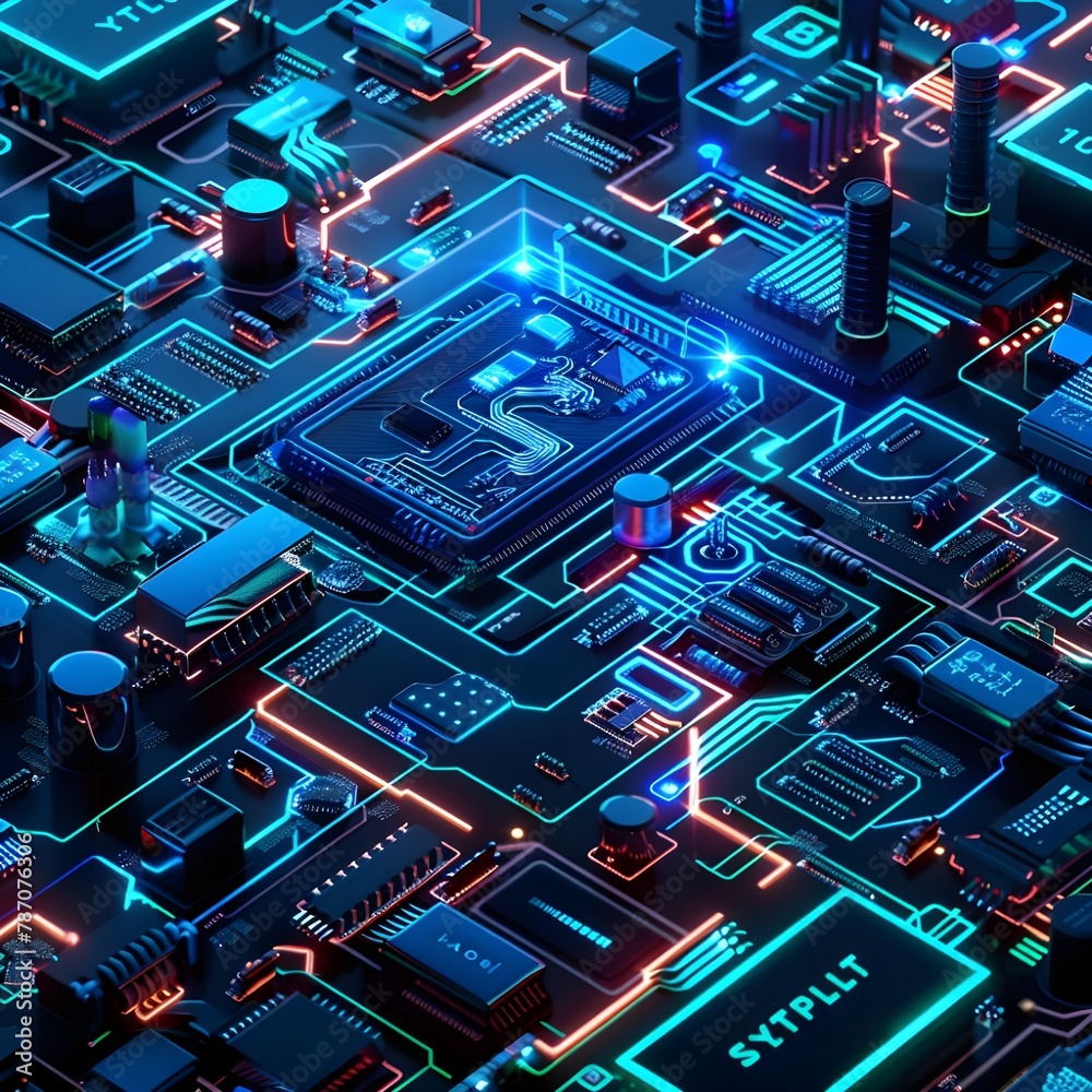 Detailed view of an electronic circuit board showing components such as ...