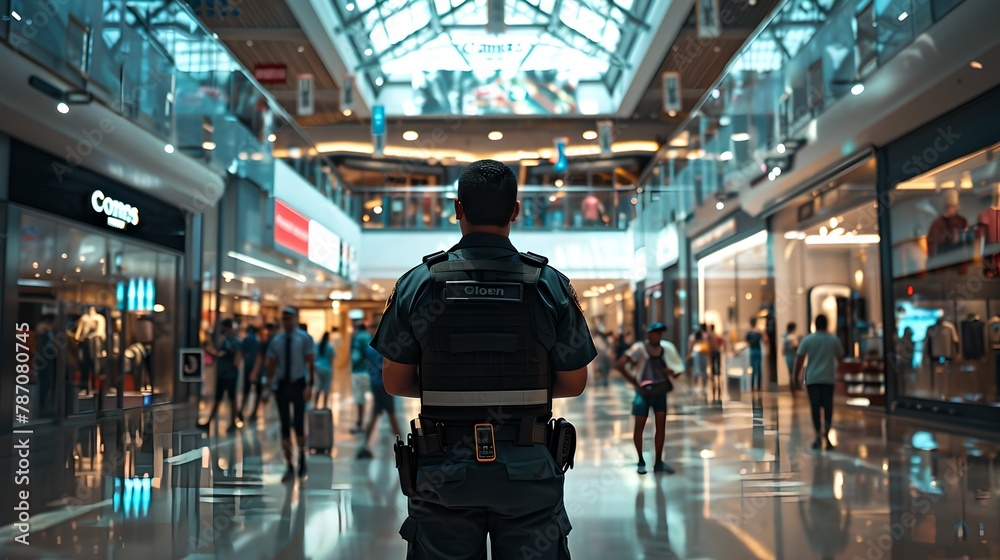 Security officer patrolling a bustling shopping mall, ensuring safety ...