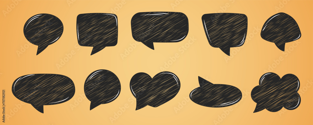 Set of blank hand drawn black scribbling speech bubbles, message box ...