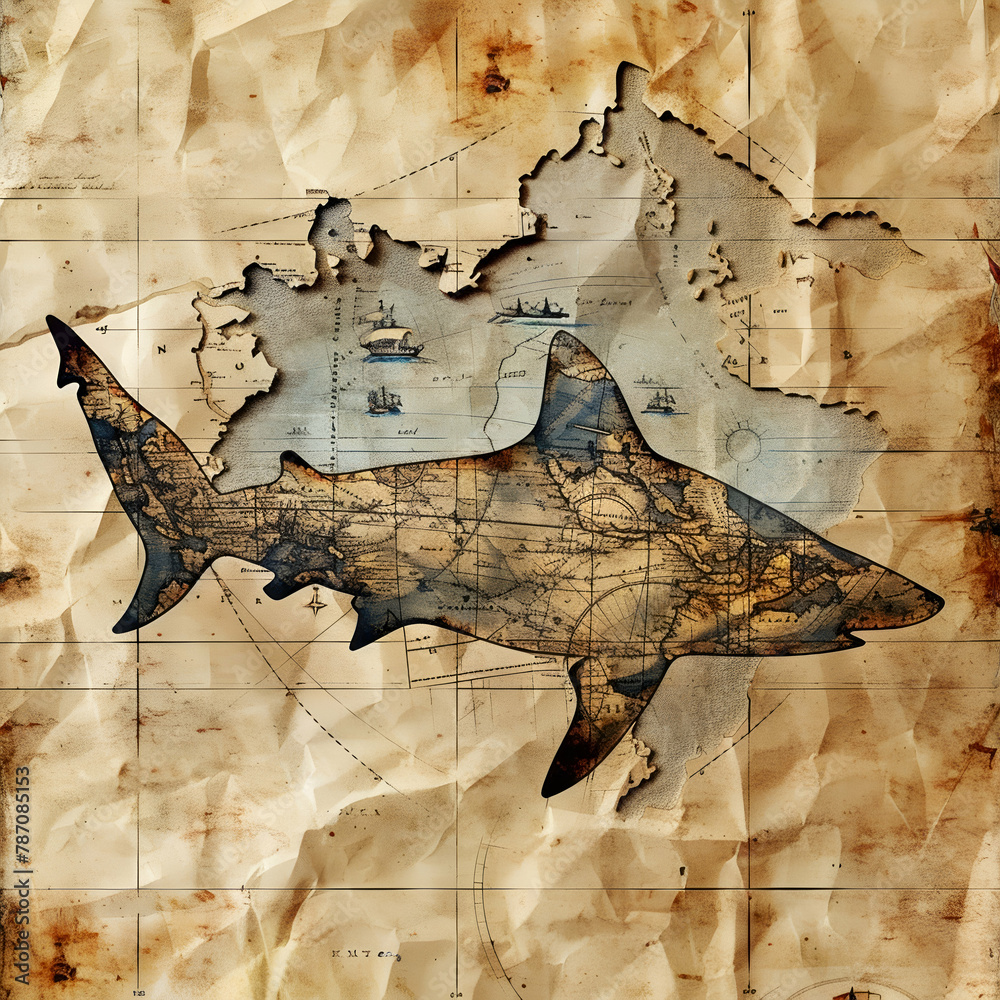 A creative collage art of a shark superimposed on a vintage map ...