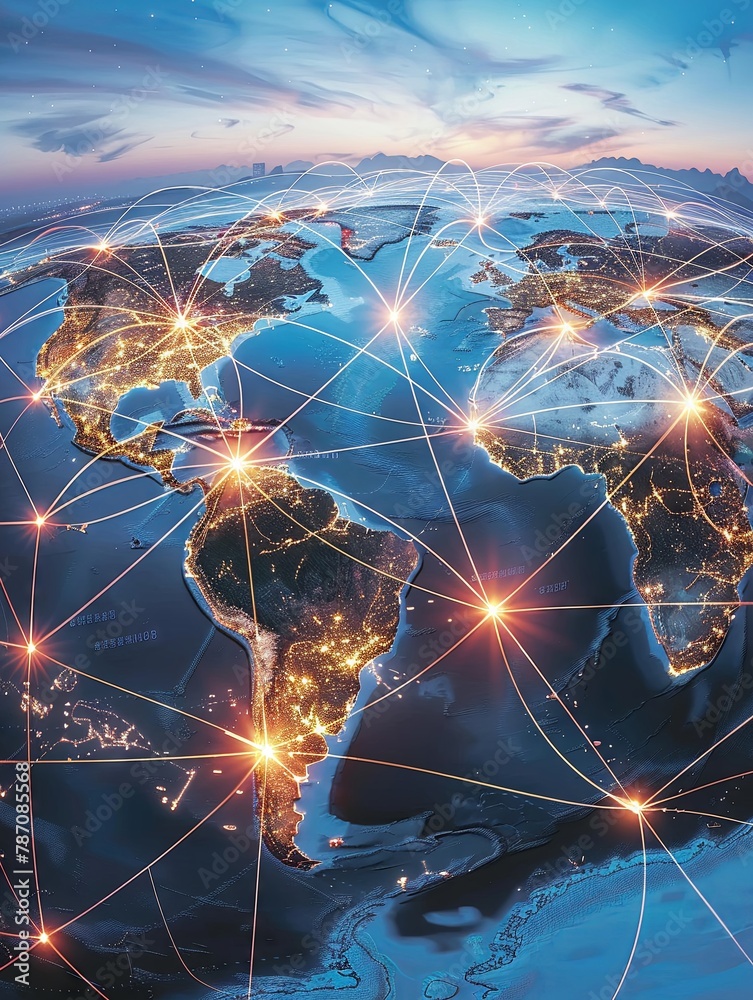 International trade logistics, global map with shipping routes ...
