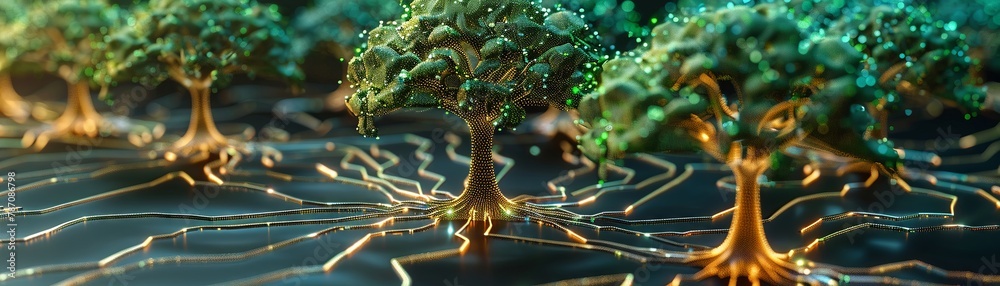 Visualization of a decentralized blockchain ecosystem, nodes as trees ...