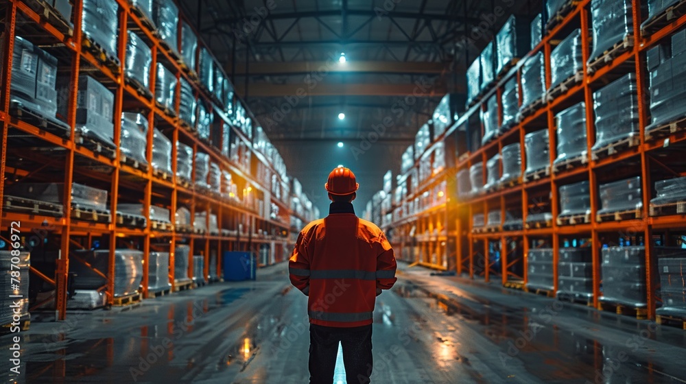 Night shift warehouse worker, alone, neon lights, wide shot, moody ...