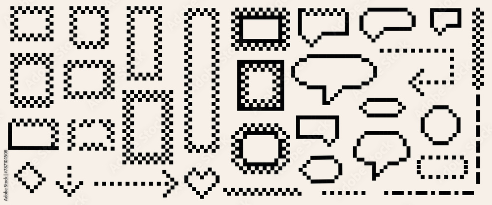 Pixel art frames. Black and white pixel frames, message bubbles, arrows ...