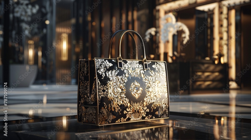 Designer logo bag with intricate artwork display, captured in a high ...