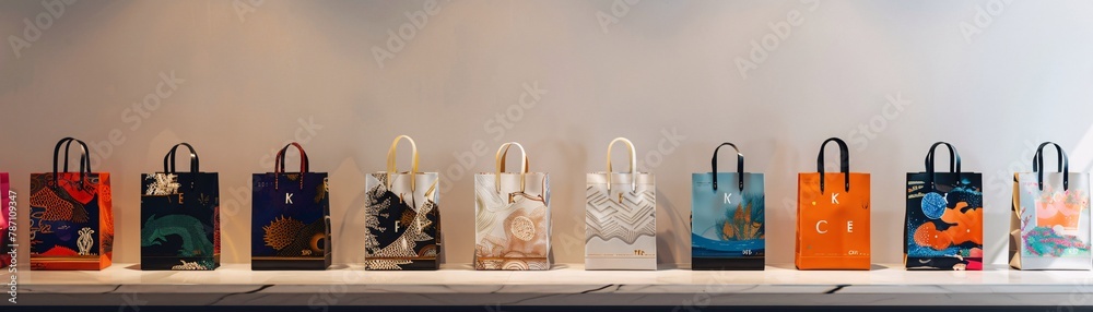 Elegant array of logo display bags, each adorned with unique artwork ...