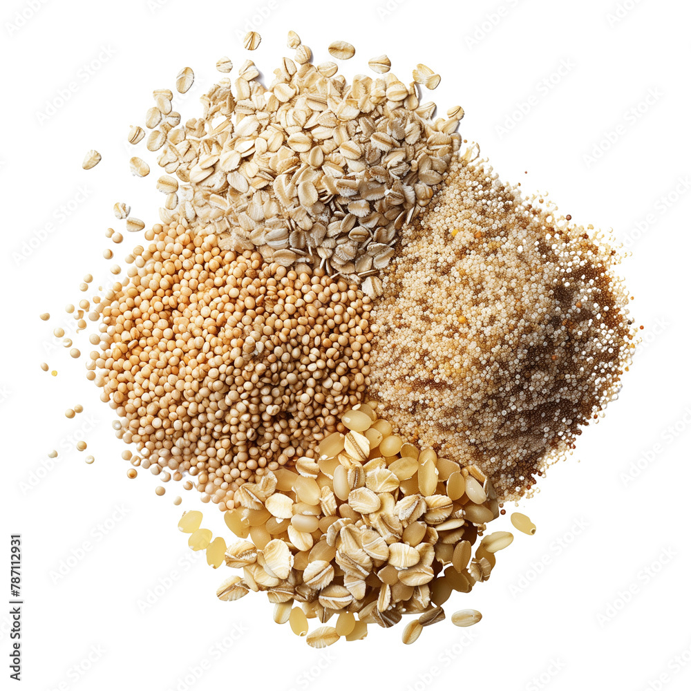 An assortment of grains, including quinoa, barley, and oats, each in ...