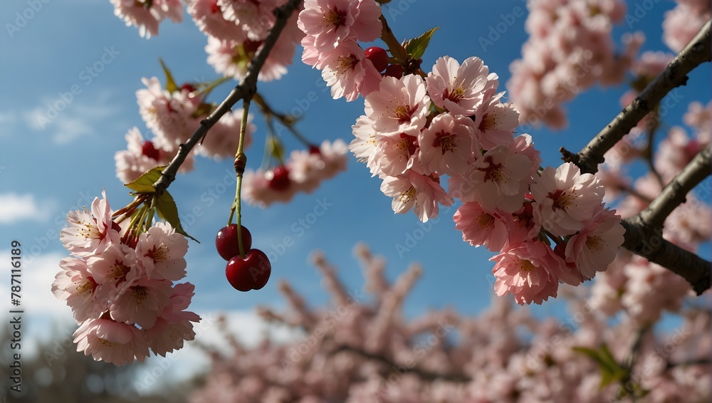 A cherry blossom tree transitioning into a cherry fruit tree, with half ...