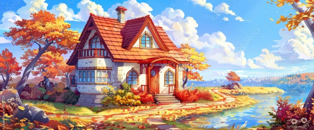 cozy anime house by the lake, autumn colors in the style of fantasy art ...