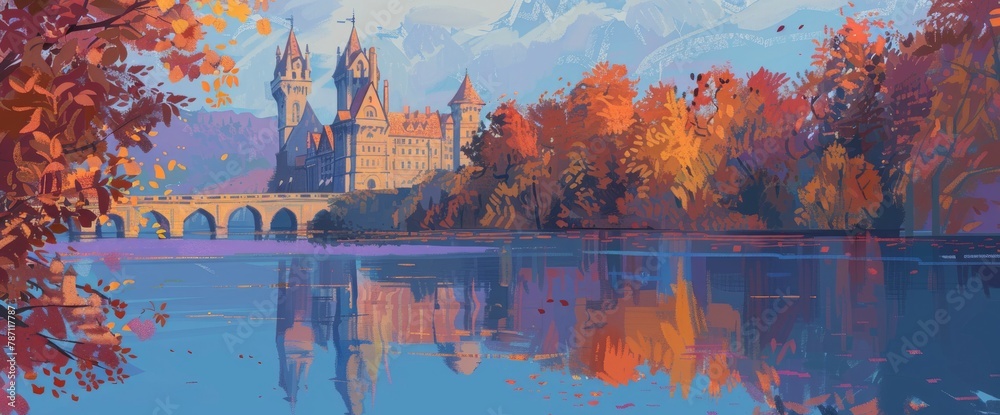 cozy anime house by the lake, autumn colors in the style of fantasy art ...