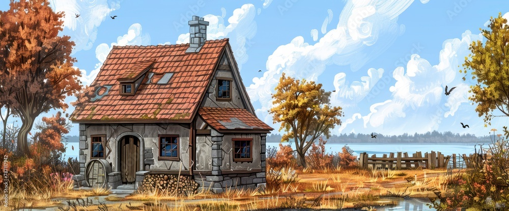 cozy anime house by the lake, autumn colors in the style of fantasy art ...