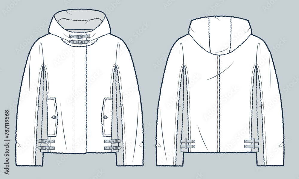 Hooded Fur Jacket technical fashion illustration. Fur and Leather ...