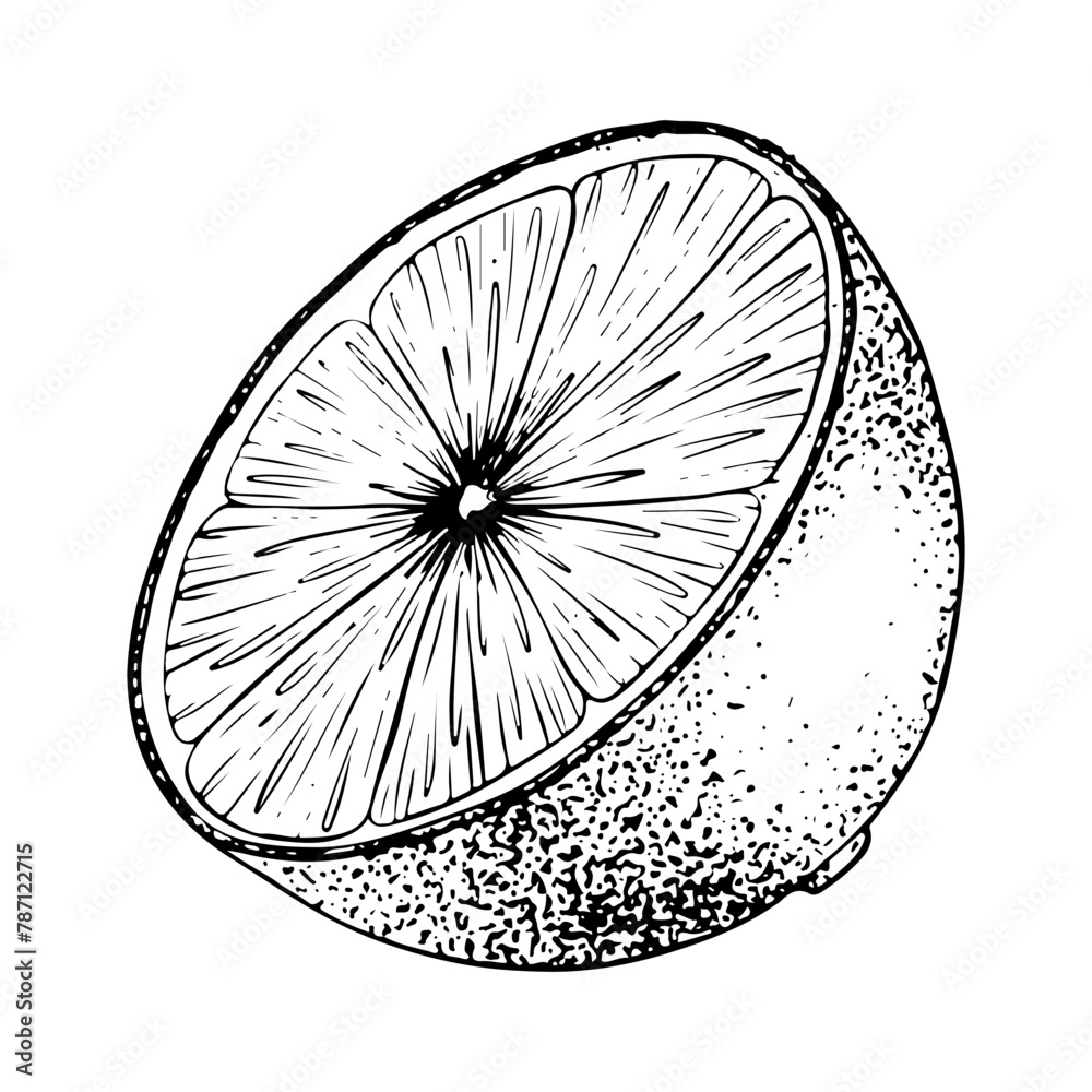 Slice of Lemon fruit. Sketch Hand drawn vector illustration. Black outline ink of citrus fruit ...
