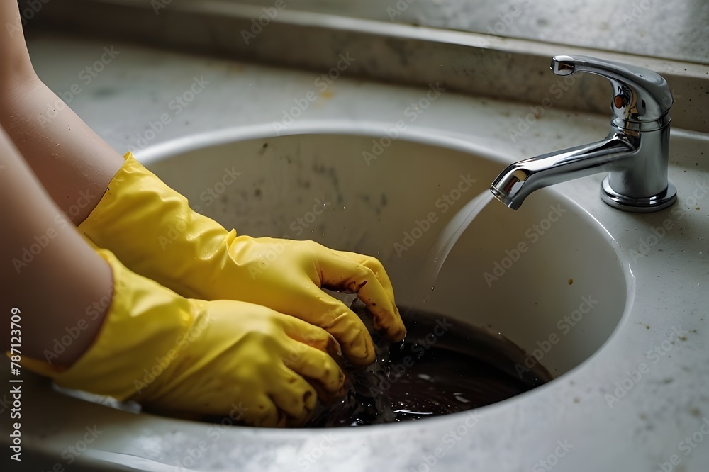 Hand in yellow rubber glove pour sewer pipe cleaner down the kitchen ...