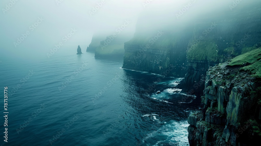 Coastal rocks Ireland fog aerial peaceful landscape freedom scene ...