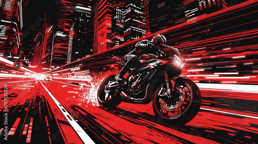 Pixel art of a high-speed pixel motorcycle race through a red neon-lit ...