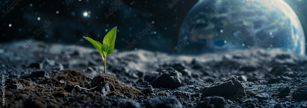 Sprout on moon surface: Young plant growing on lunar ground with ...