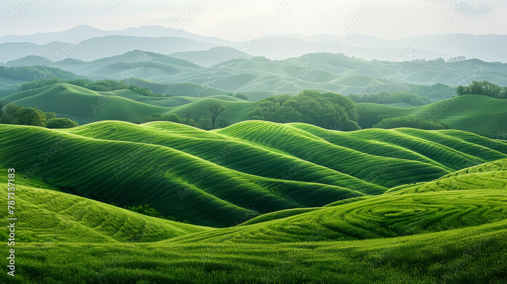 landscape of undulating green hills under a calm sky symbolizes the ...