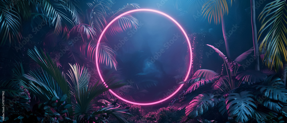 Tropical neon vibe with glowing circular light frame nestled among ...