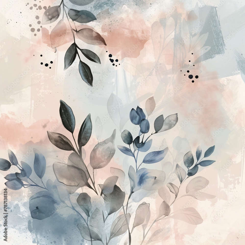 Soft watercolor backgrounds in muted tones of dusty blue, pale blush ...