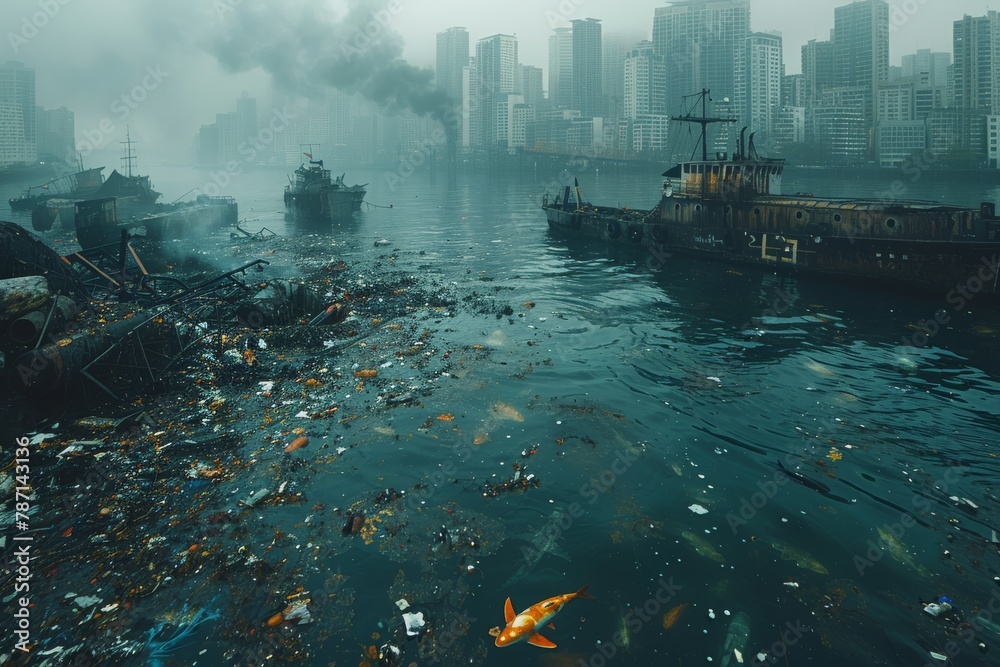 This image depicts a polluted water body with trash floating and ships ...