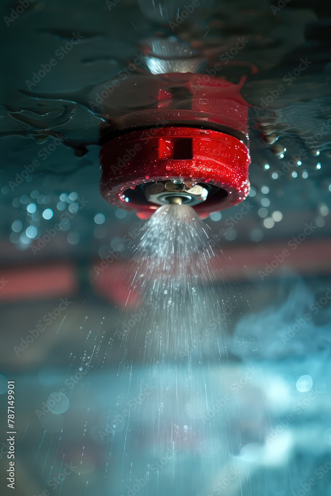 Indoor fire suppression system. Smoke detector and water sprayer in the ...