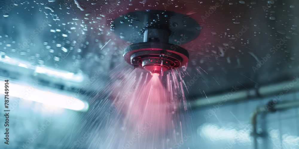 Indoor fire suppression system. Smoke detector and water sprayer in the ...