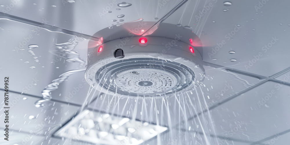 Indoor fire suppression system. White Smoke detector and water sprayer ...