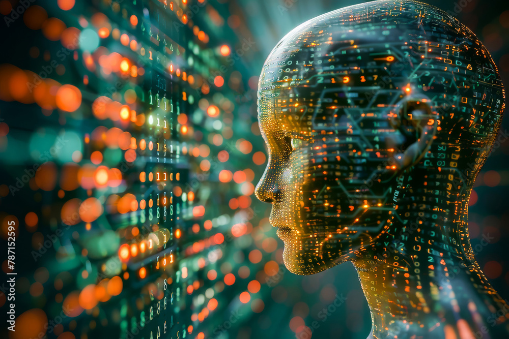 Futuristic representation of a human head with digital binary code ...