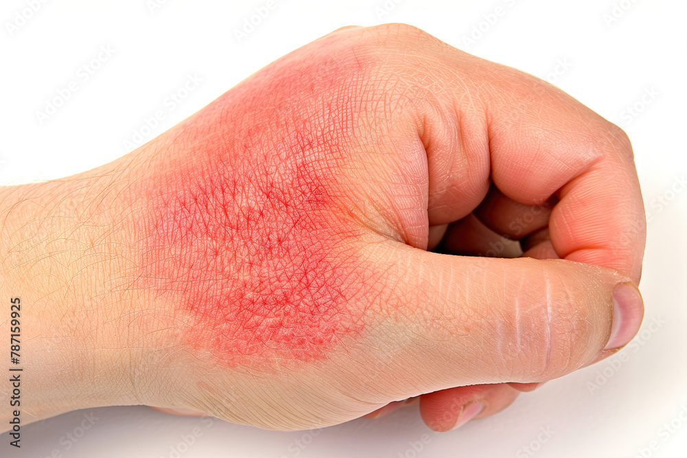 A child's hand scratching a red, bumpy skin rash, discomfort and ...