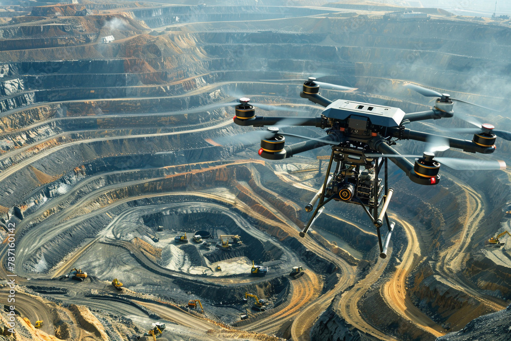 Depict drones flying over a mining site, using advanced scanning ...