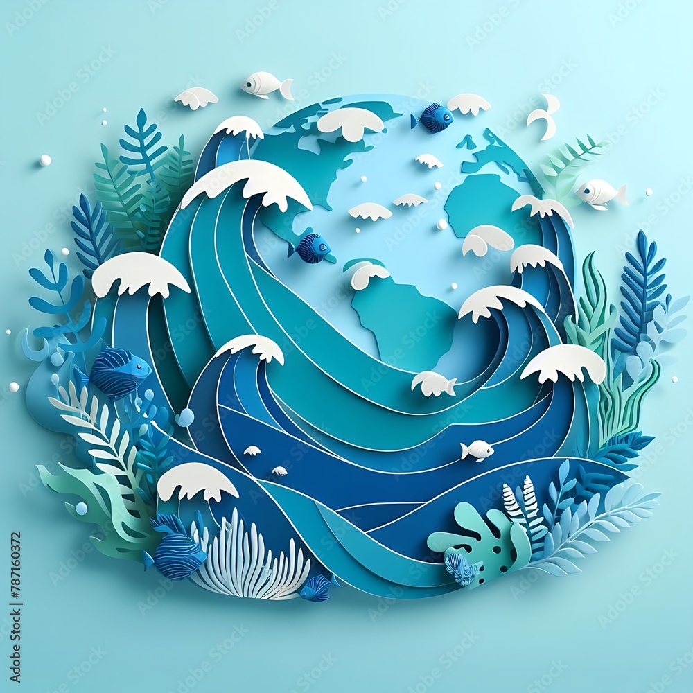 Paper art and cut style concept of World Oceans Day. Celebration ...