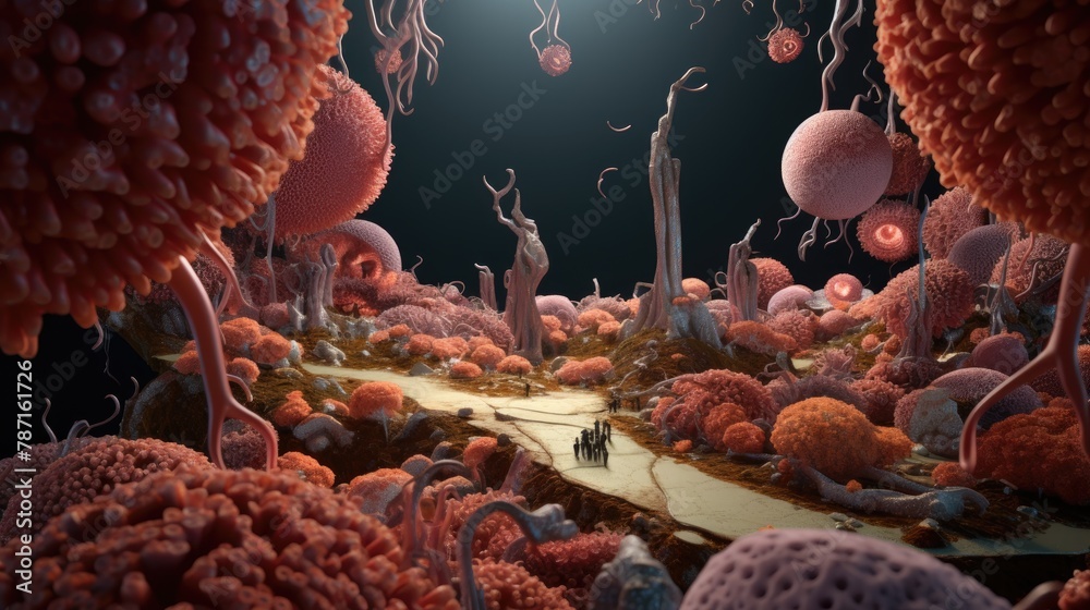 A surreal and dramatic 3D scene within the appendix, where immune cells ...