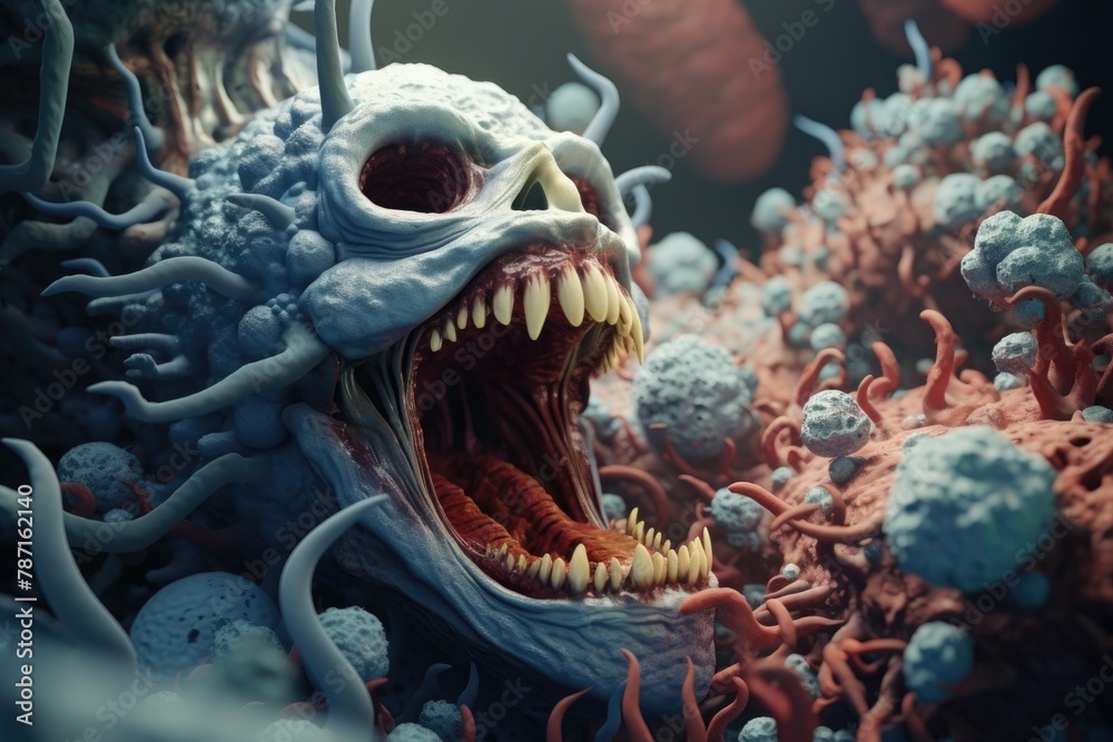 A 3D animated microscopic battlefield within the human jaw, where cells ...