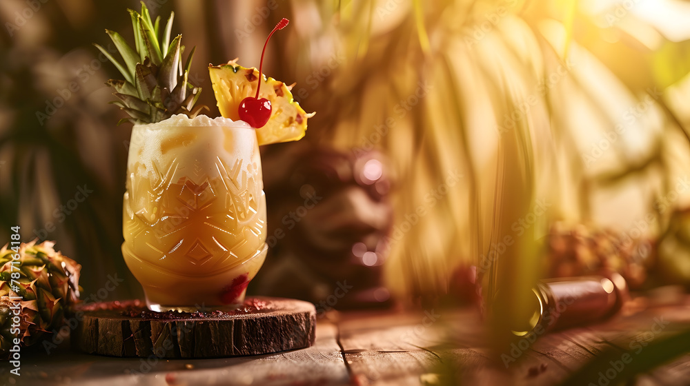 Tropical pina colada cocktail or mocktail in a tiki glass with ...