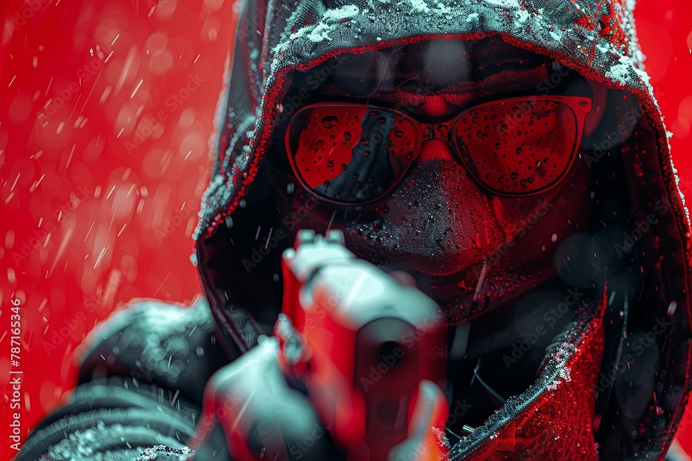 king of narcos wearing gun and mask, abstract background, drug leader ...