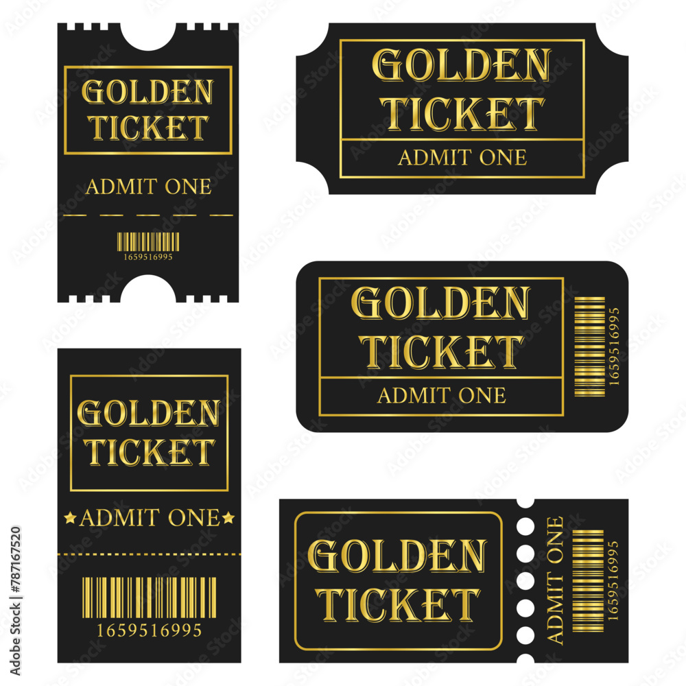 vector black ticket with gold text isolated on white background. Cinema ...