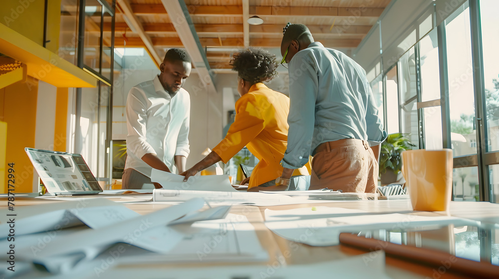 Multiracial group of architects gathering at table with papers and ...