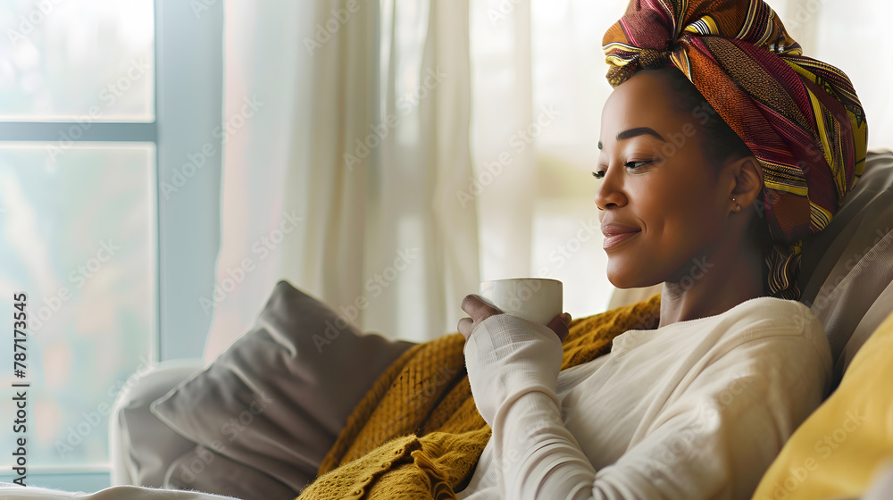 Happy pretty young black woman in homewear and african turban chilling ...