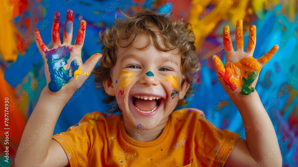 Child with colorful painted hands, perfect for education and creative ...
