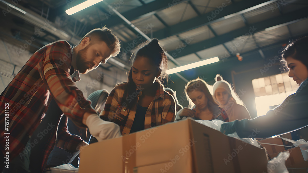 Multiracial group of people working on humanitarian aid project ...
