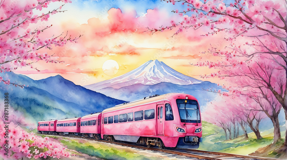 Cute pink train passing through a beautiful cherry blossom flower field ...