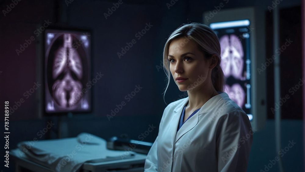 A doctor looking at radiology and CT scan images in the operating room ...